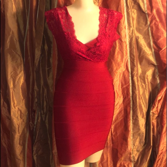 bebe | Dresses | Bebe Firey Red Deep V Neck Lace Bandage | Poshmark